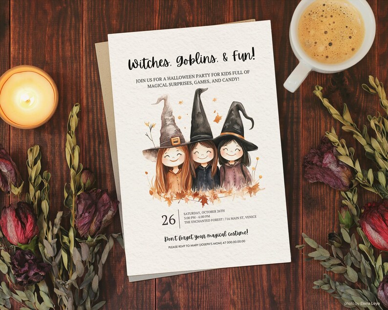 Editable Halloween Party Invitation Card Watercolor Witches Design ...