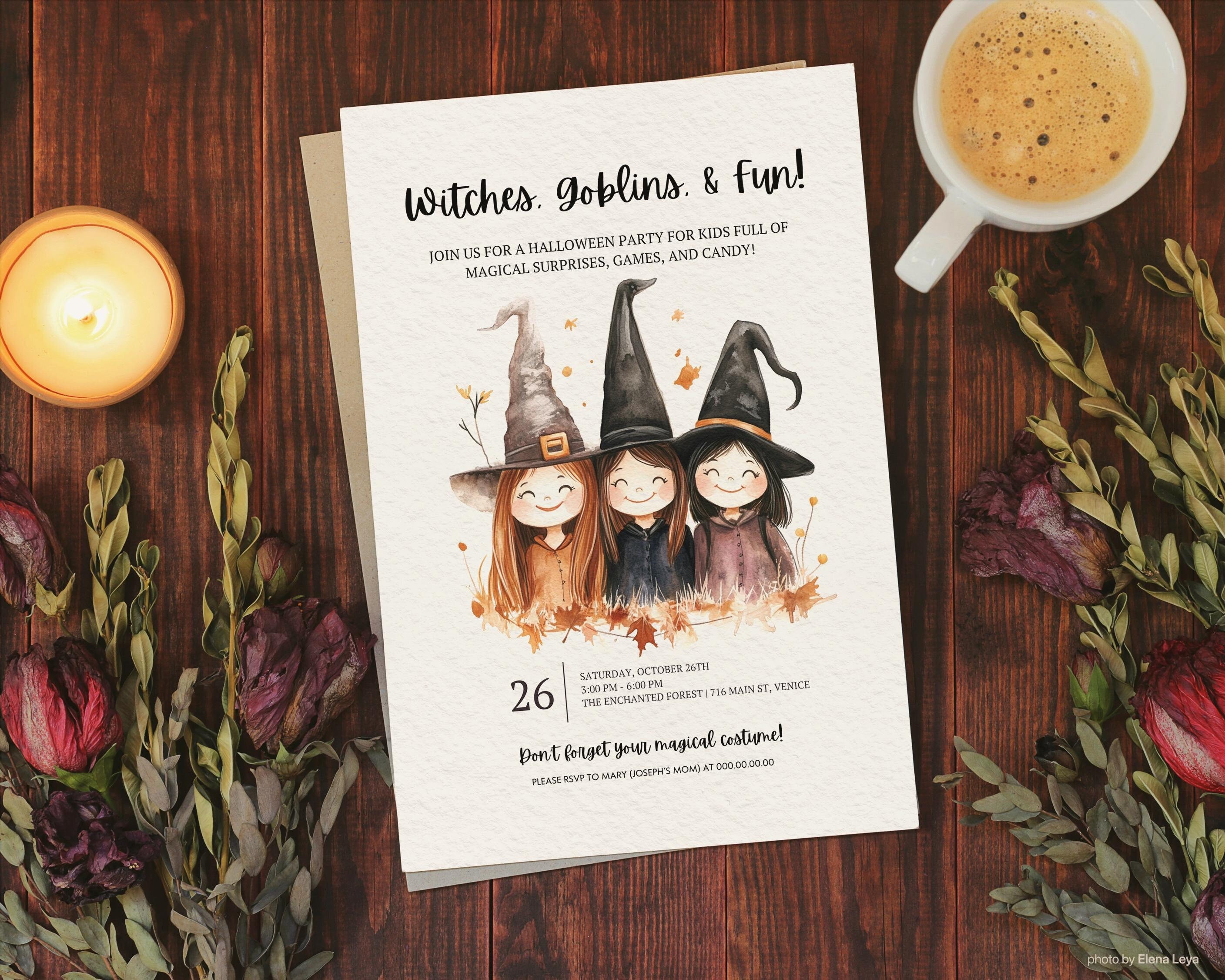 Editable Halloween Party Invitation Card Watercolor Witches Design ...