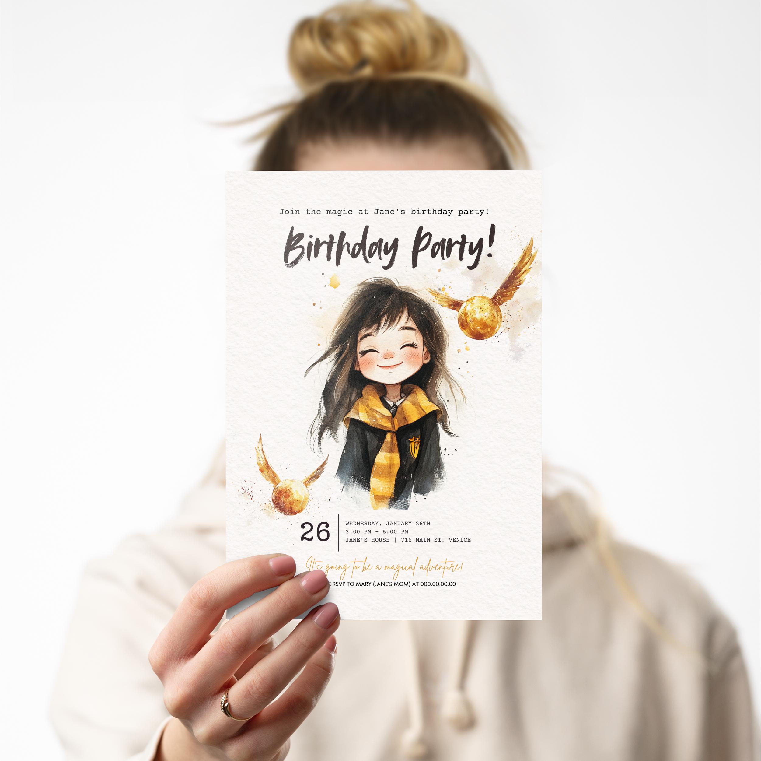 Magical Birthday Party Invitation Cute Hufflepuff Girl With Golden ...