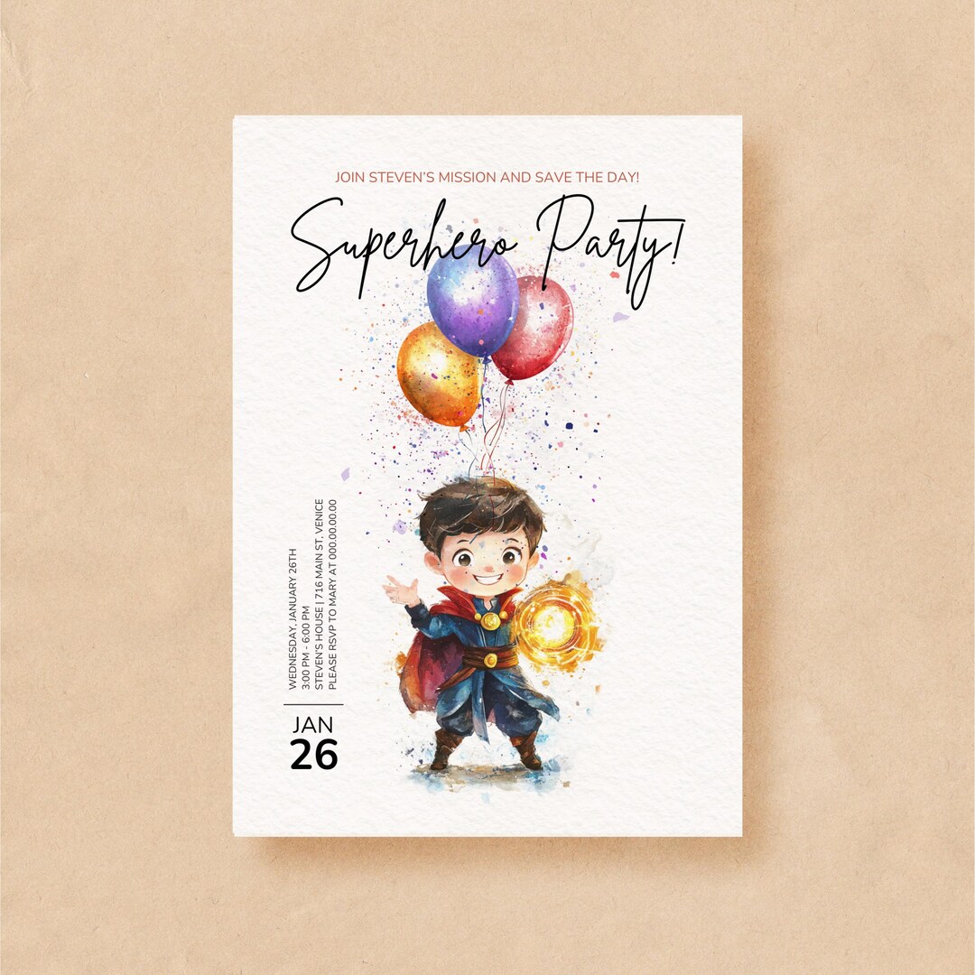 Wizard Superhero Birthday Invitation Editable Canva Template Watercolor ...
