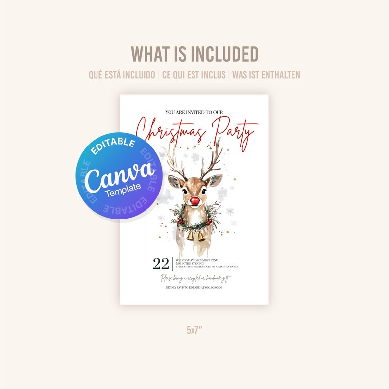 Editable Christmas Party Invitation Card Watercolor Reindeer Design ...