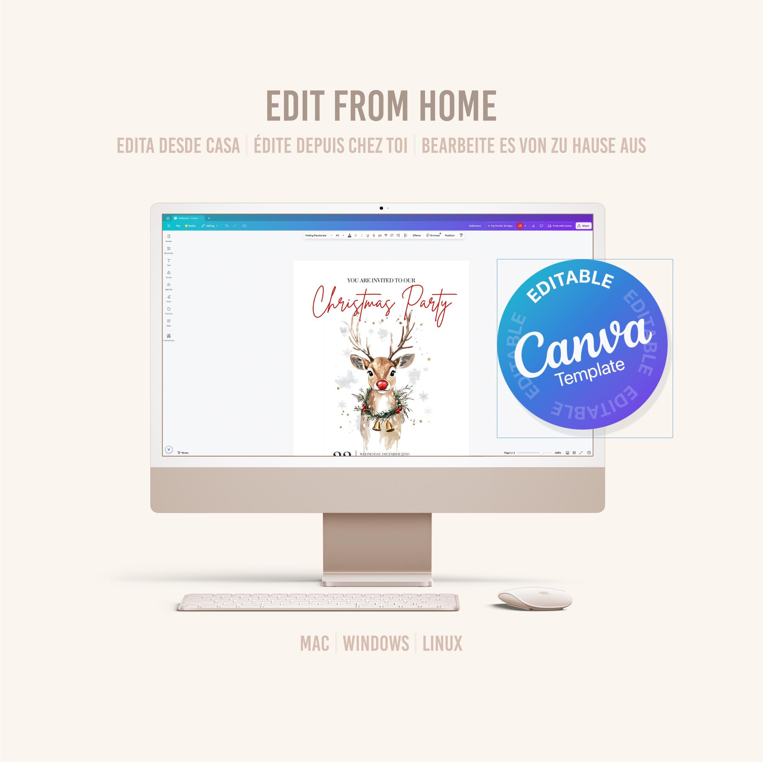 Editable Christmas Party Invitation Card Watercolor Reindeer Design ...