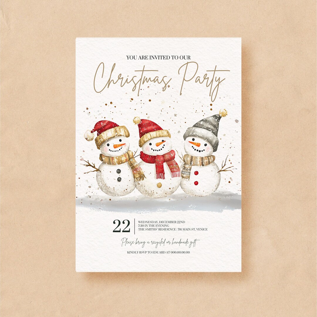 Editable Christmas Party Invitation Card Watercolor Three Snowmen ...