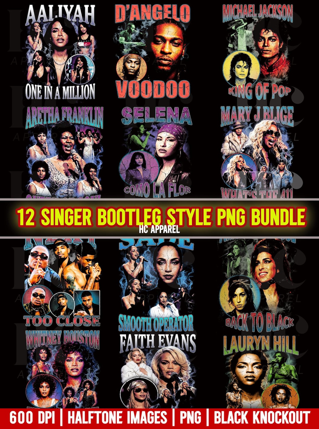 12 Singer Bootleg Style Png Bundle | DTF Halftone Art | 600 DPI ...