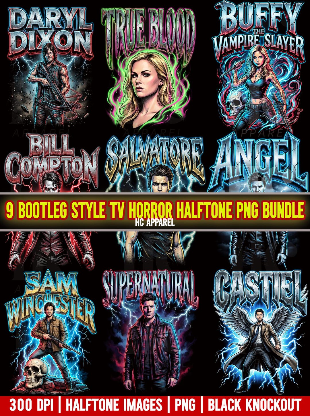 9 Bootleg Style Tv Horror Halftone PNG | Retro Horror Movie Art | 9 ...