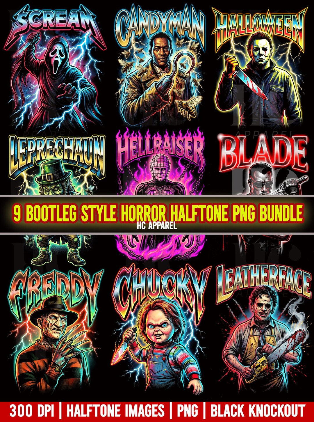 Retro Horror Movie PNG Bundle | 90s Halftone Designs (digital Download ...