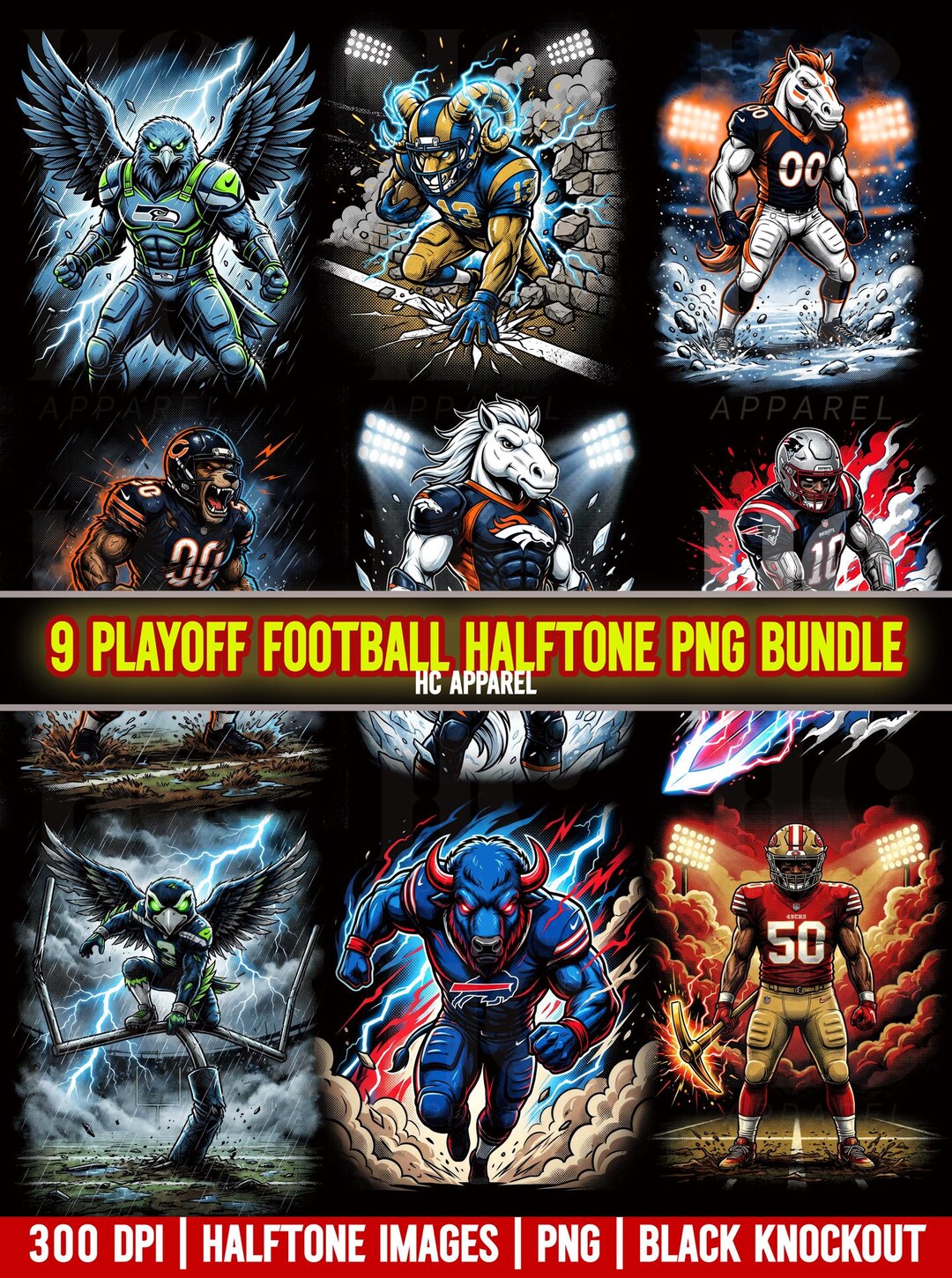 9 Playoff Football Halftone PNG Bundle | Black Knockout Transparent ...
