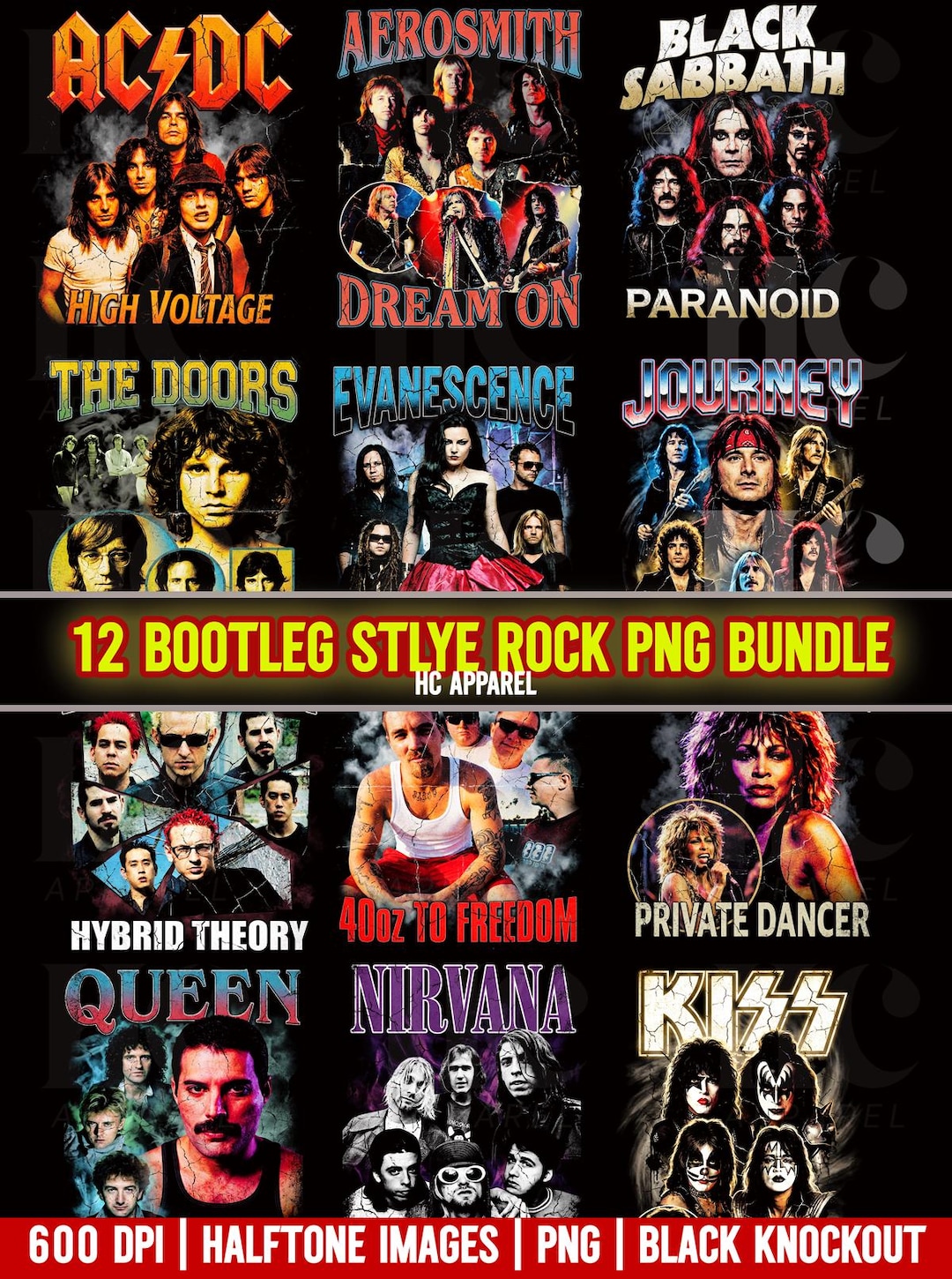 12 Bootleg Stlye Rock Png Bundle | Black Knockout Transparent ...