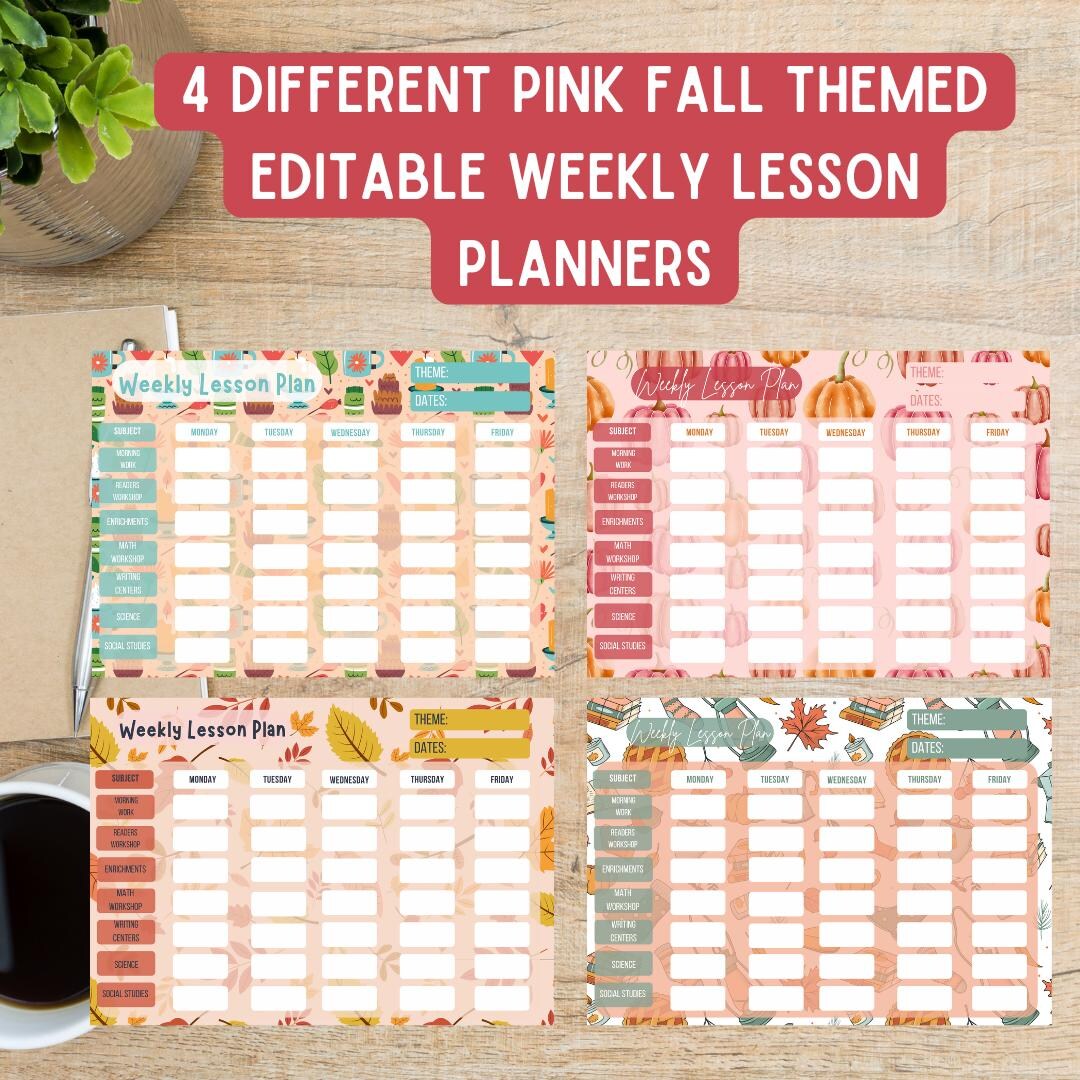 Pretty Pink Fall Lesson Plan Templates - 4 Editable Canva Weekly Lesson ...