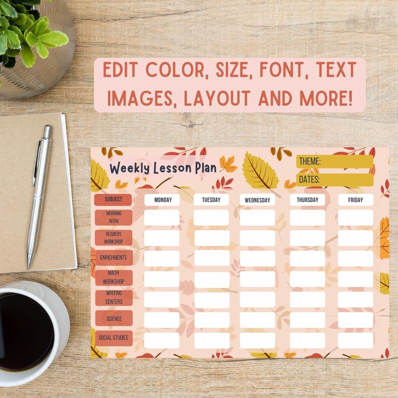 Pretty Pink Fall Lesson Plan Templates - 4 Editable Canva Weekly Lesson ...