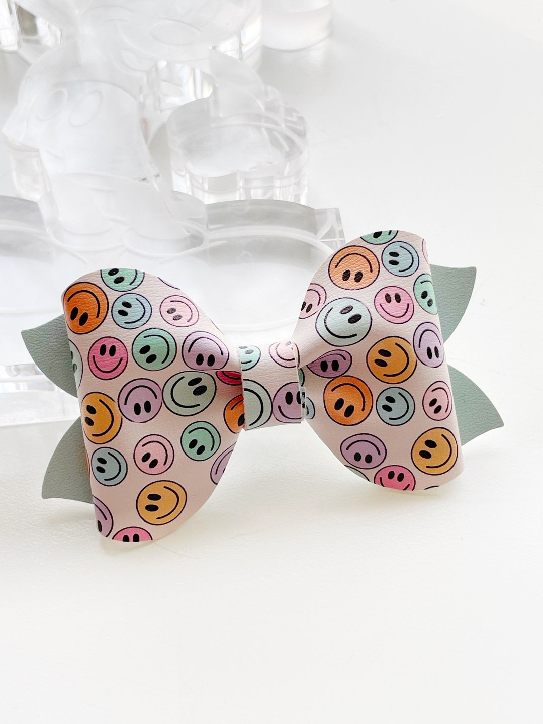 Happy Faces Hair Bow, Smiley Hair Bow, Faux Leather Hair Bow, Pinch ...