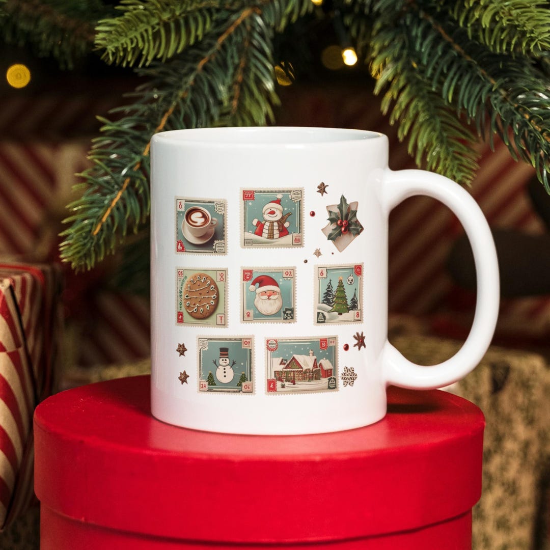 Retro Christmas Coffee Mug, Postage Stamp Mug, Winter Vibes Ceramic Mug ...