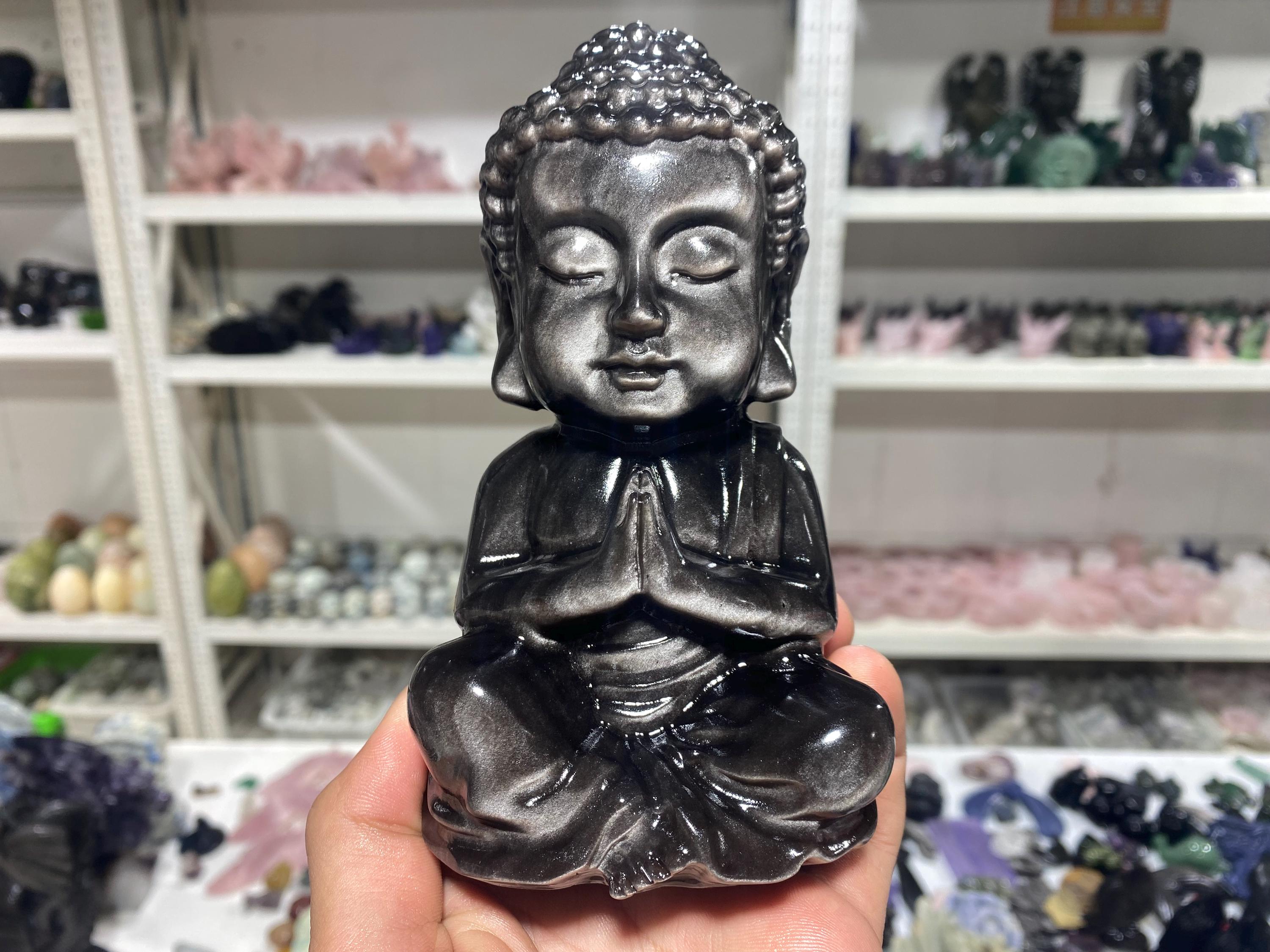 5.9inche Natural Silver Obsidian Quartz,hand Carved Buddha,silver ...