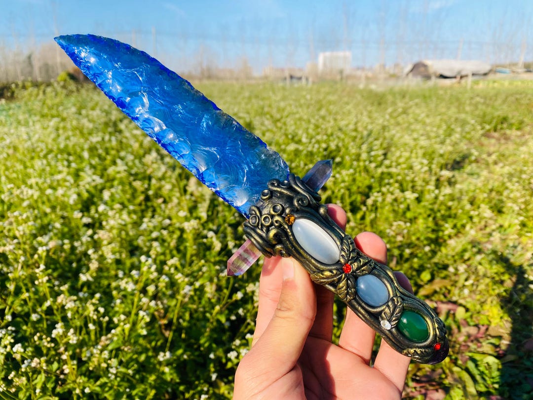 9.8inche Blue Opalite Quartz,hand Carved Knife,crystal Big Knife,blue Opalite Knife,home ...