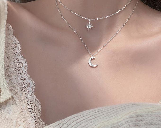 925 Sterling Silver Flash Star Moon, Double Layer Female Clavicle Chain ...