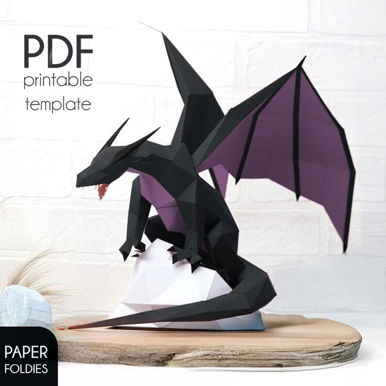 Purple Dragon Sculpture Papercraft DIY 3D Low Poly Paper Model for Home ...