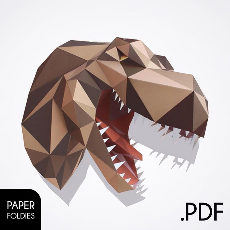 T-rex Wall Sculpture Papercraft 3D Low Poly Model DIY Template for Home ...