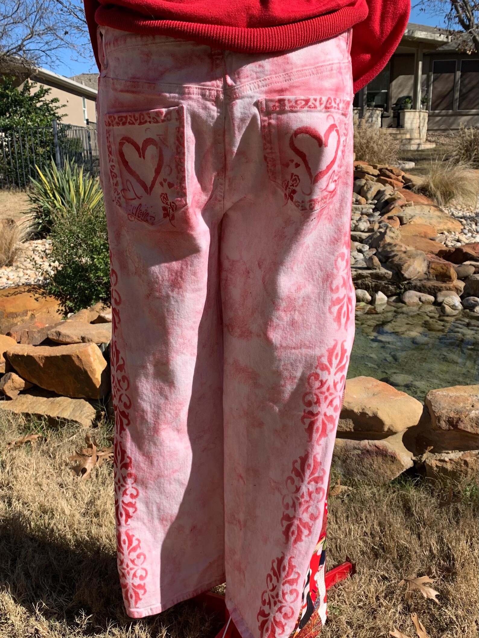 Pretty in Pink Jeans With Rangoli Style Stenciled Borders in Red. Hand ...