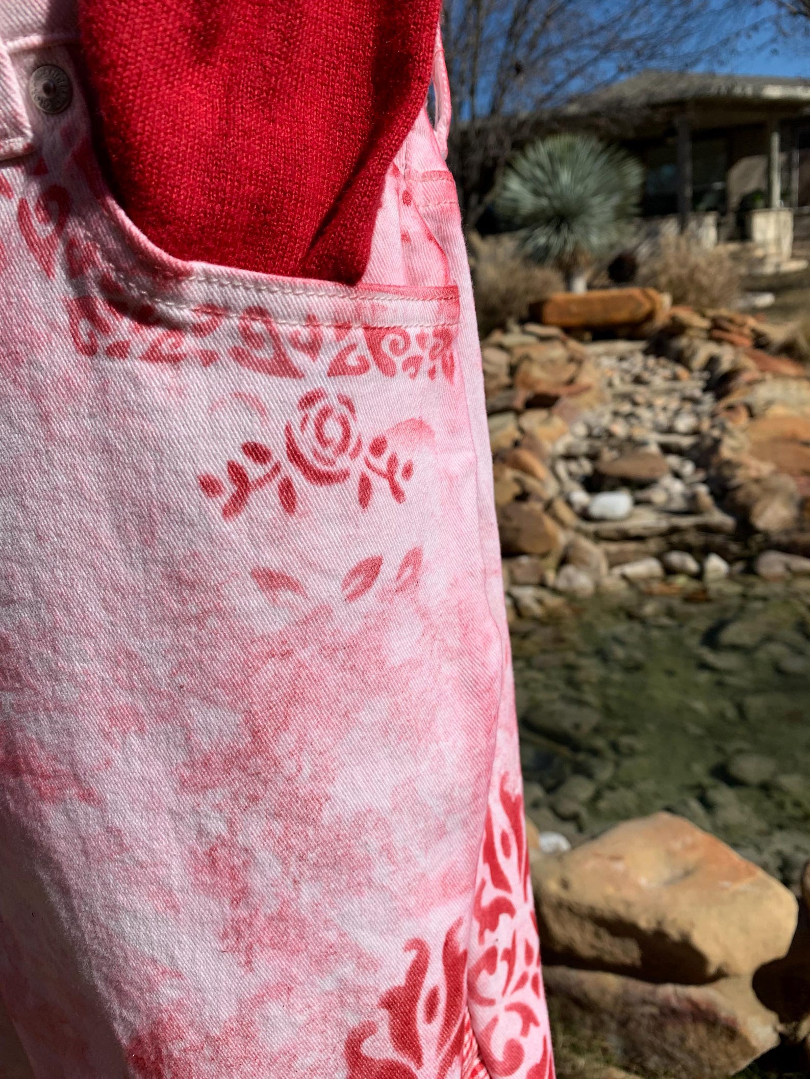 Pretty in Pink Jeans With Rangoli Style Stenciled Borders in Red. Hand ...