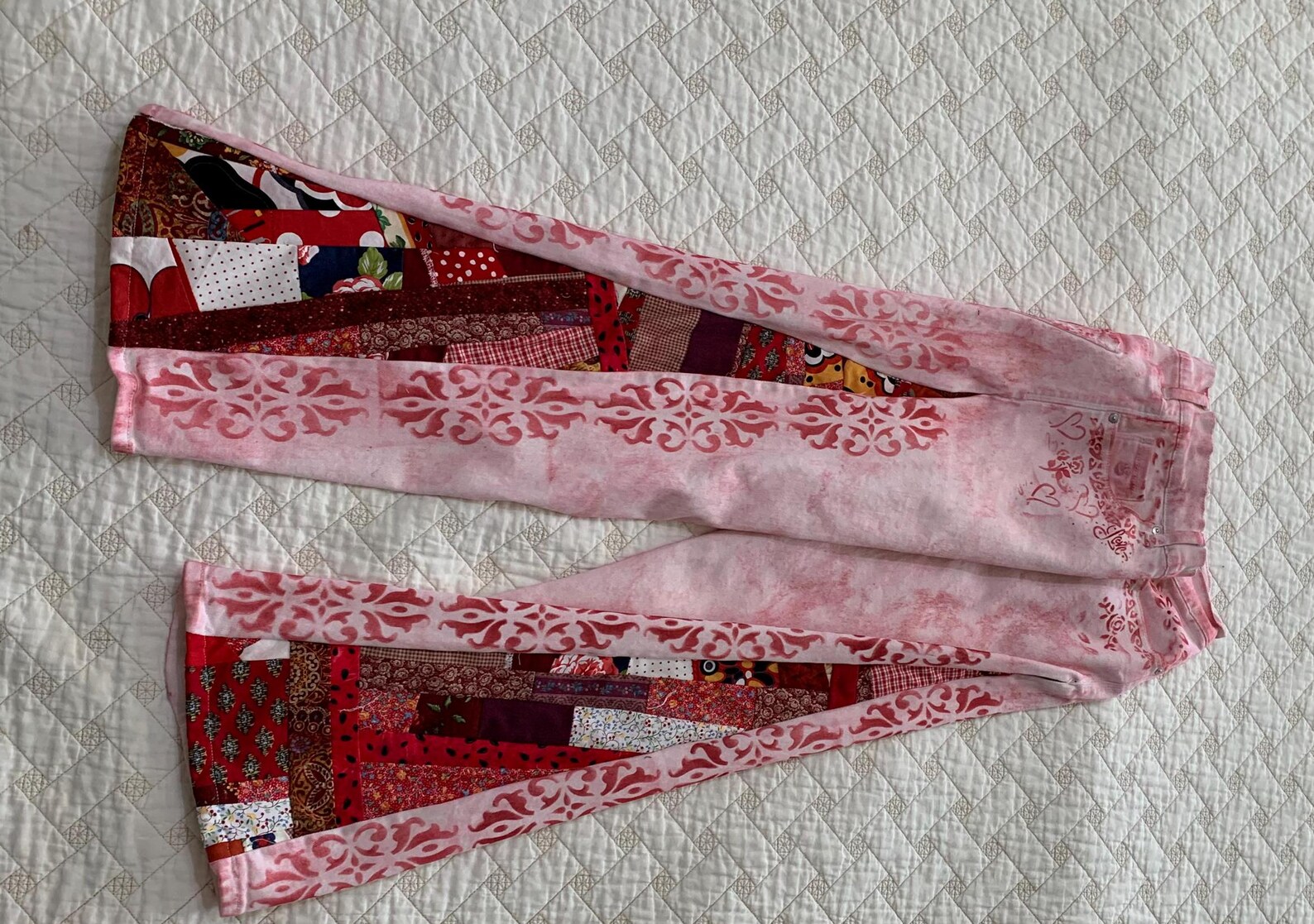 Pretty in Pink Jeans With Rangoli Style Stenciled Borders in Red. Hand ...