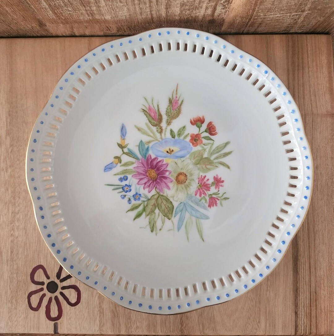 Vintage Hand-painted Lattice Edge Plate, Flower Design, Gift Idea ...