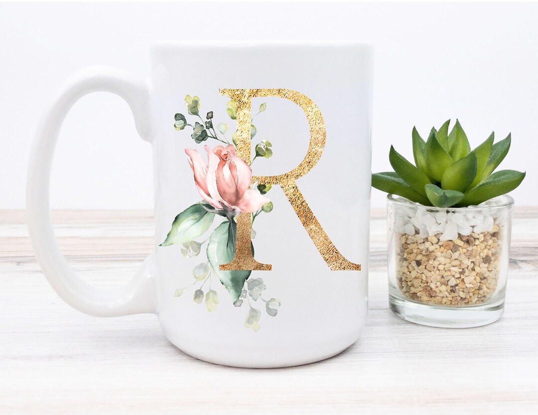 Personalized Mug, Monogrammed Letter Cup, Gold Initial Name, Bridesmaid ...