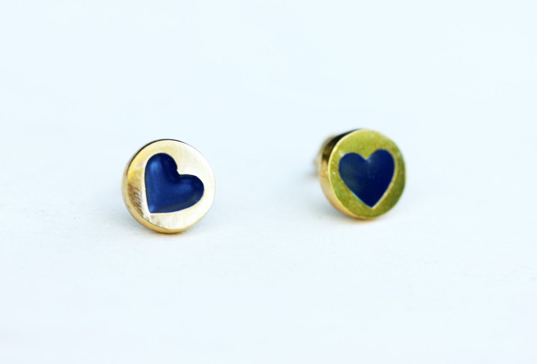Blue Heart Studs, Heart Studs, Round Gold Studs, Enamel Heart Studs ...