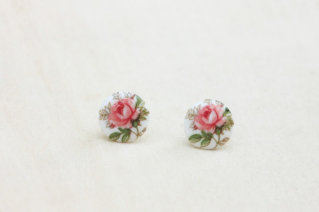 Flower Studs Pink, Rose Studs, Rose Earrings, Flower Earrings Pink ...