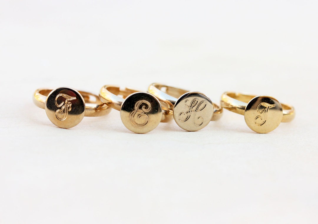Initial Gold Ring, Initial Ring, Round Gold Ring, Monogram Ring, Signet ...