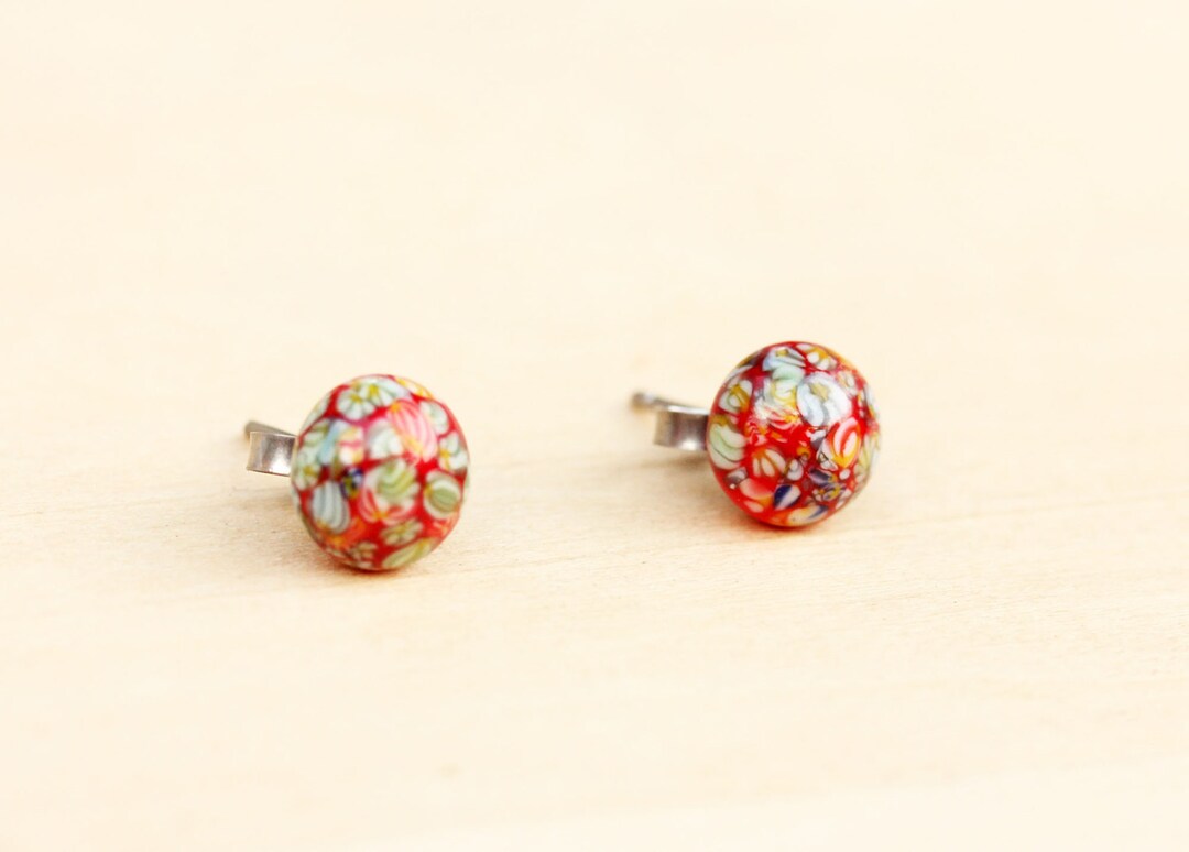 Round Glass Studs, Round Glass Studs, Polka Dot Studs, Red Studs, Black ...