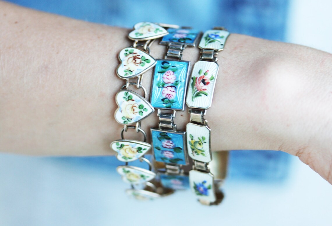 Silver Flower Bracelet Sterling Enamel Bracelet Enamel - Etsy