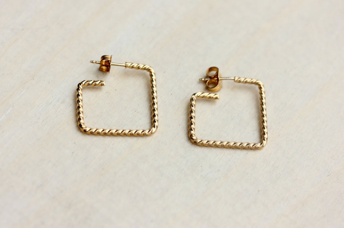 Gold Square Hoops Twisted Hoops Gold Hoop Earrings Square - Etsy