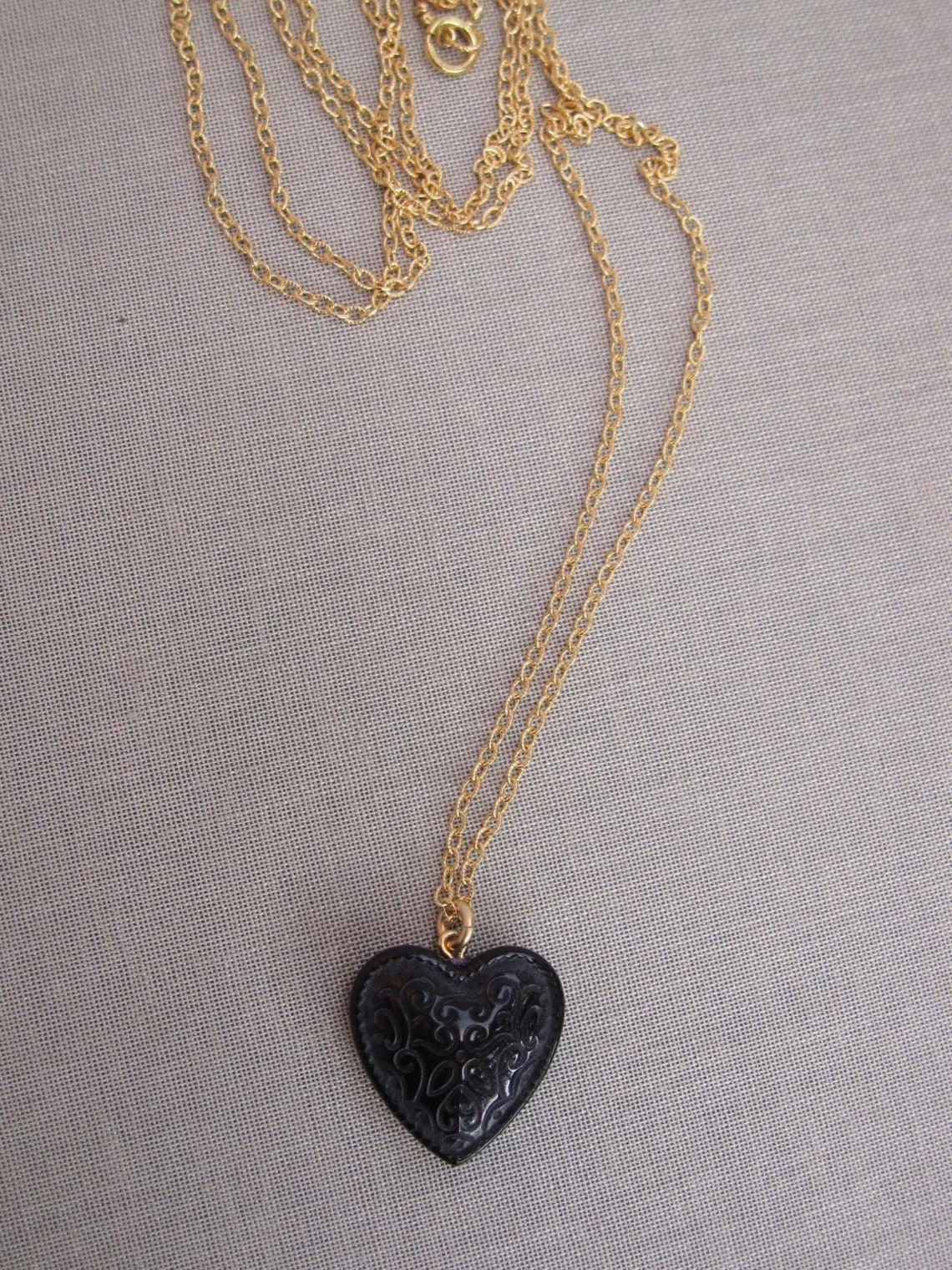 Black Heart Necklace Gold Heart Necklace Long Heart - Etsy