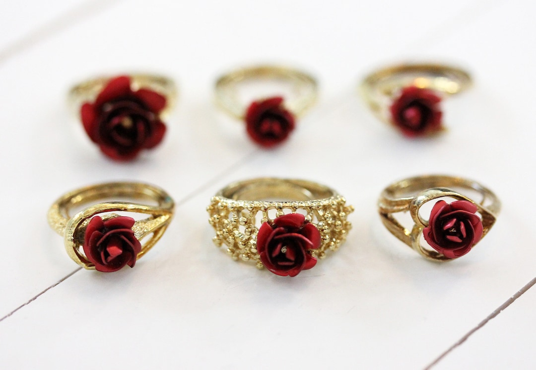 Rose Ring, Red Rose Ring, Flower Ring, Gold Rose Ring, Vintage Rose ...