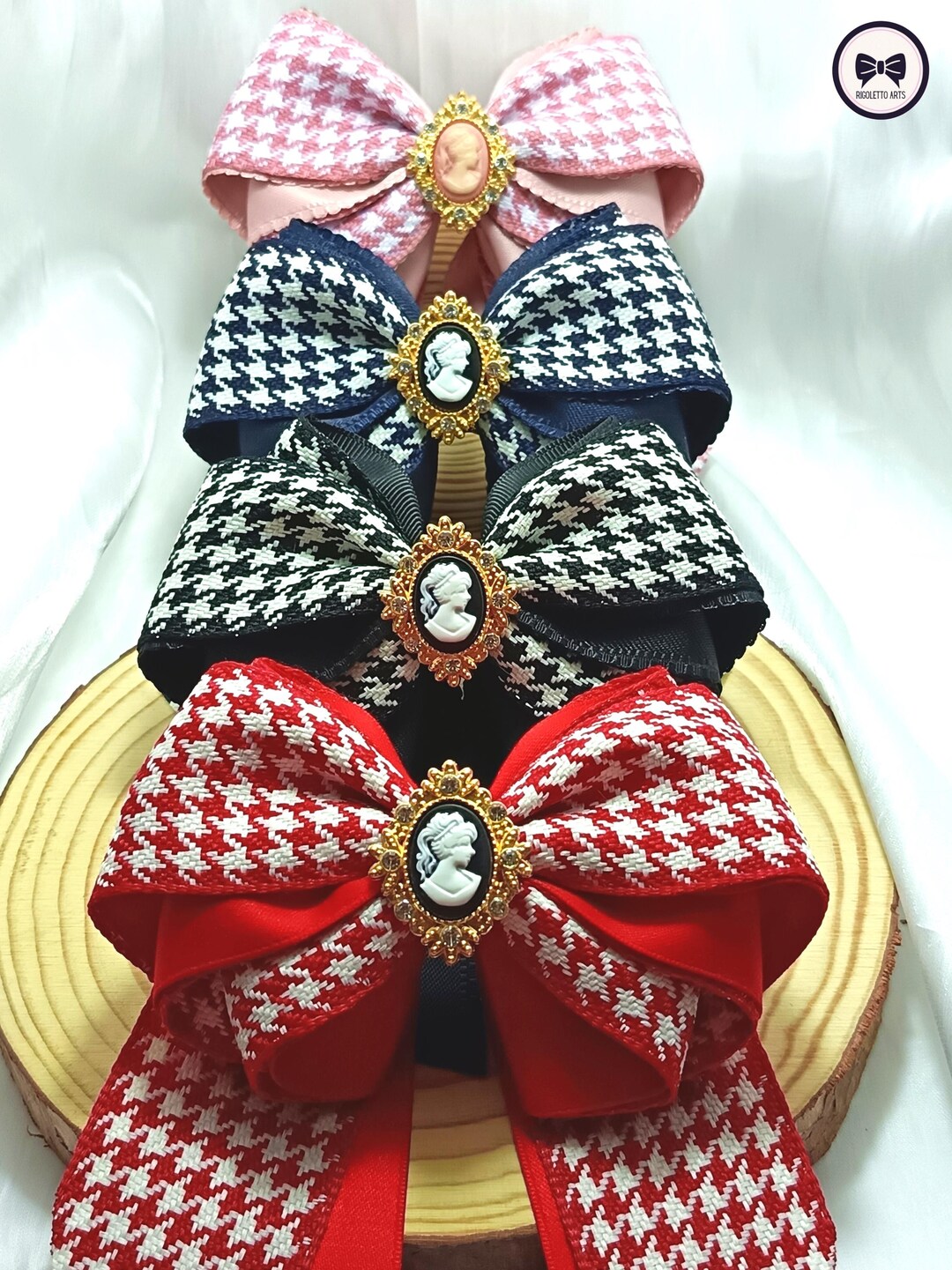 Long Tail Houndstooth Bow - Coquette Hair Accessory - Vintage Cameo ...