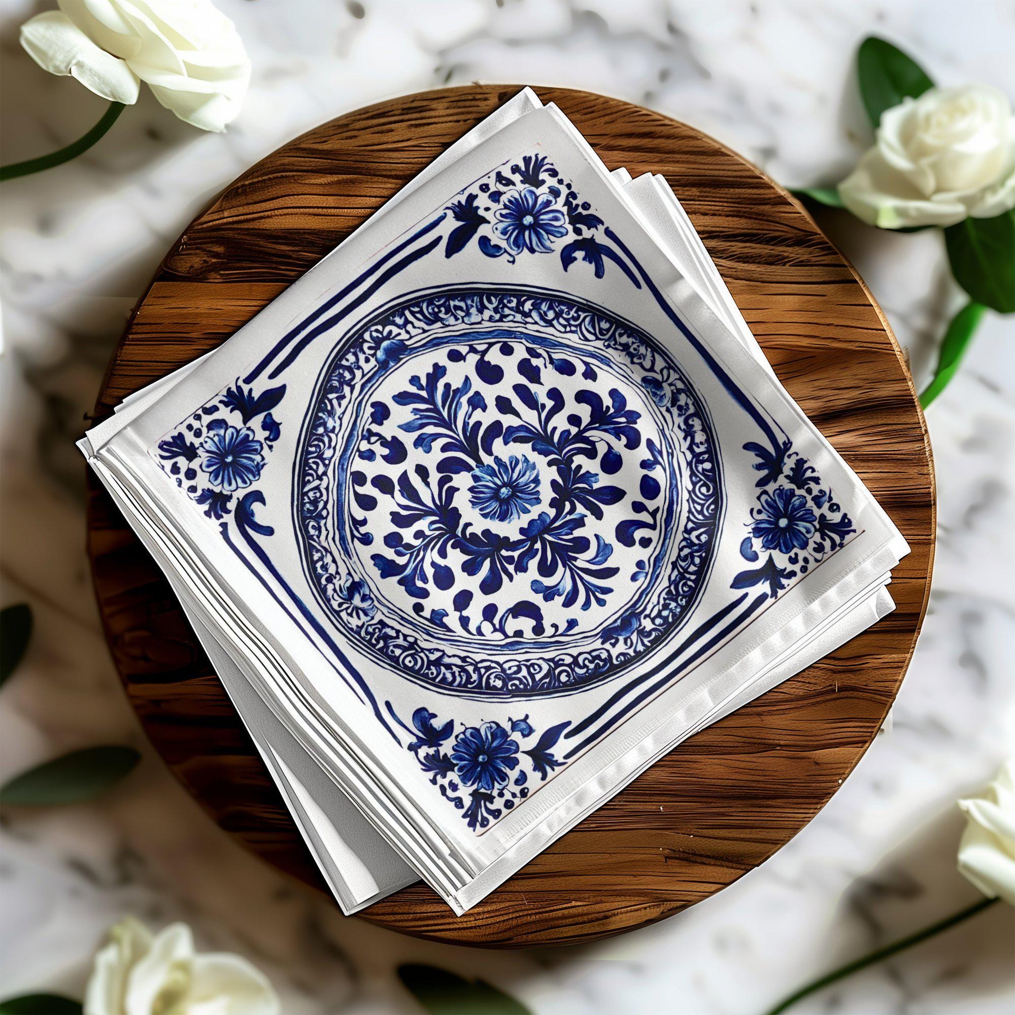 Elegant Talavera Floral Napkin, Blue and White Floral Napkin ...
