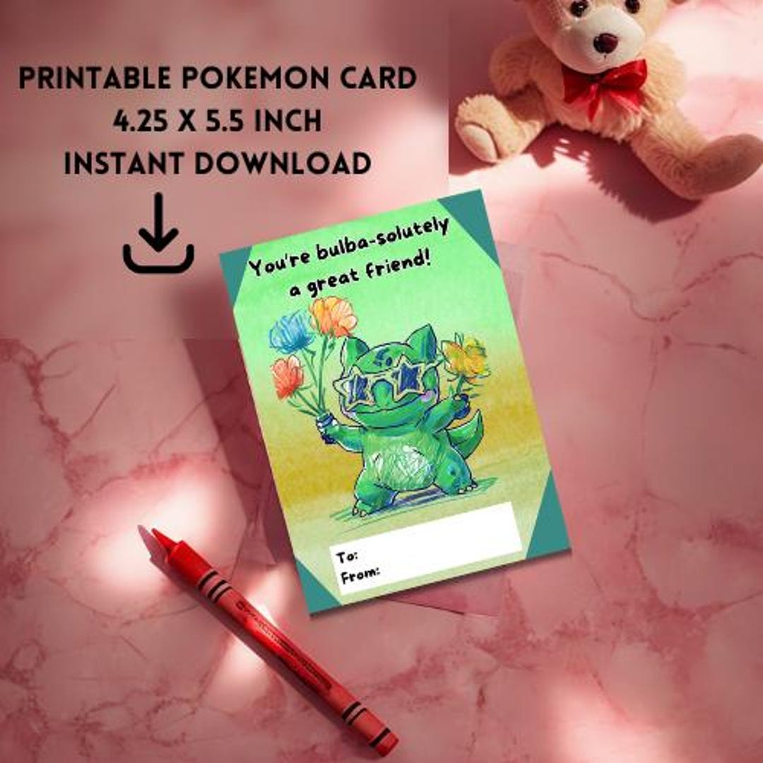 Bulbasaur Digital Card for Print, Instant Download, Valentines Day Card ...