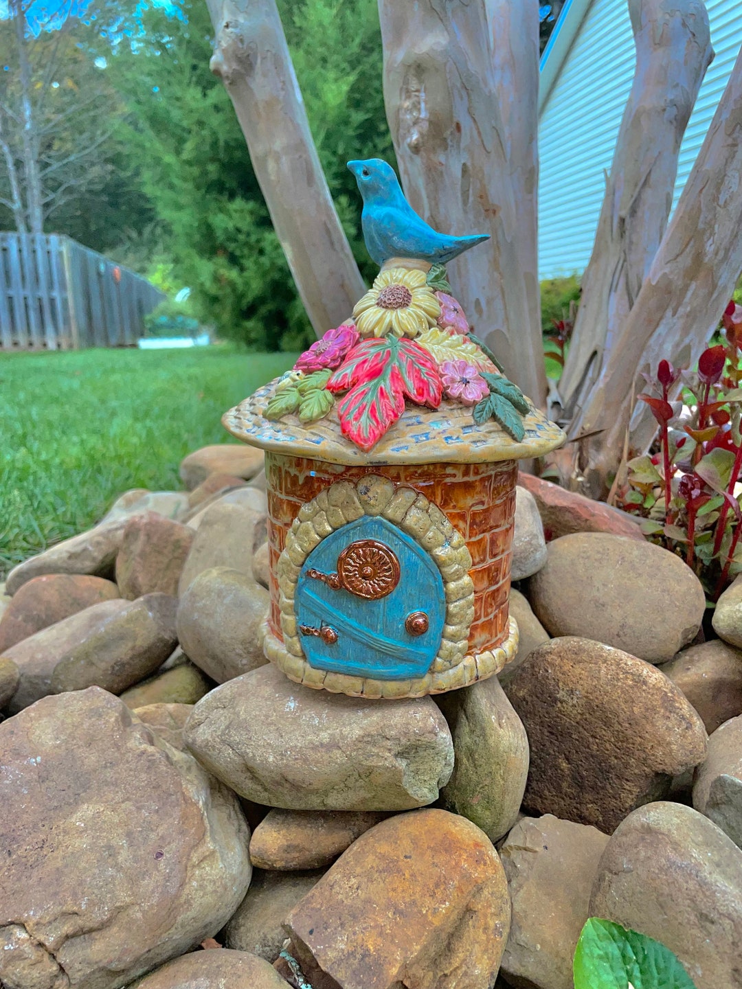 Toad House, Fairy Hut, Gnome Cottage, Blue Bird on Roof - Etsy