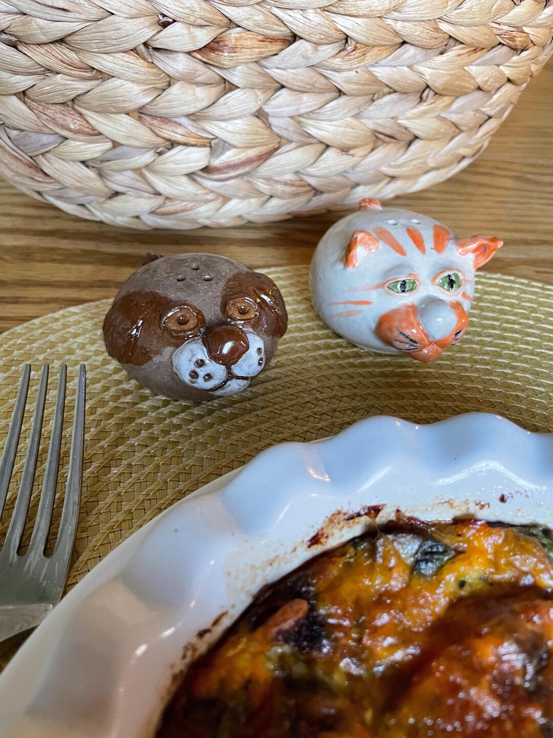 Dog and Cat Salt and Pepper Shaker Set, Hand Built Pottery, Christmas ...