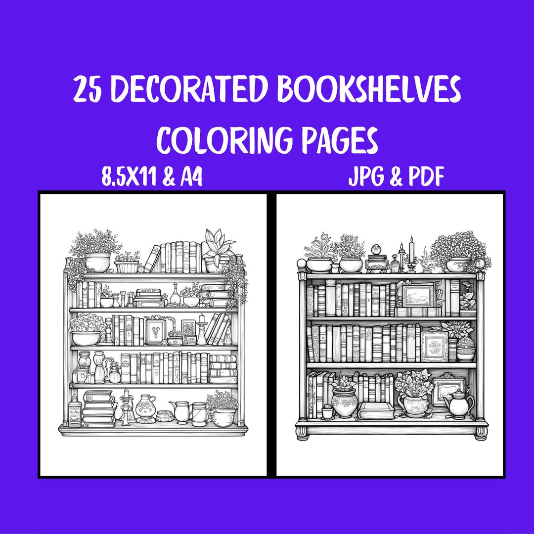 25 Decorated Bookshelves Coloring Pages - Etsy