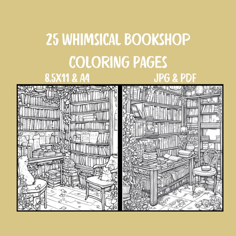 25 Whimsical Bookshop Scenes Coloring Pages, Adult Coloring Pages ...