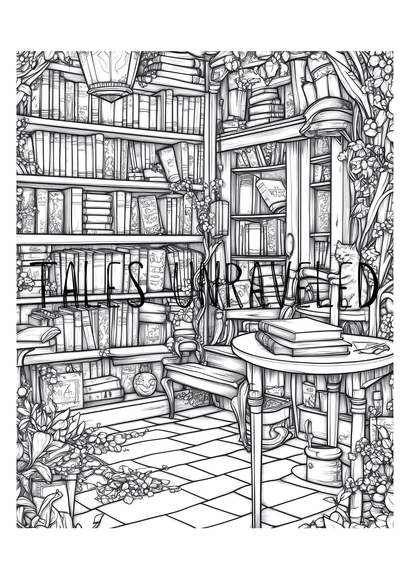 25 Whimsical Bookshop Scenes Coloring Pages, Adult Coloring Pages ...