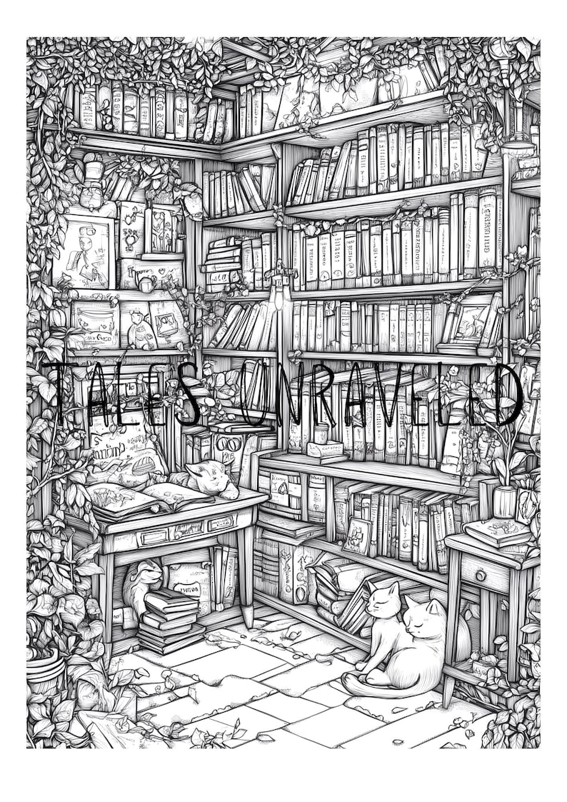 25 Whimsical Bookshop Scenes Coloring Pages, Adult Coloring Pages ...