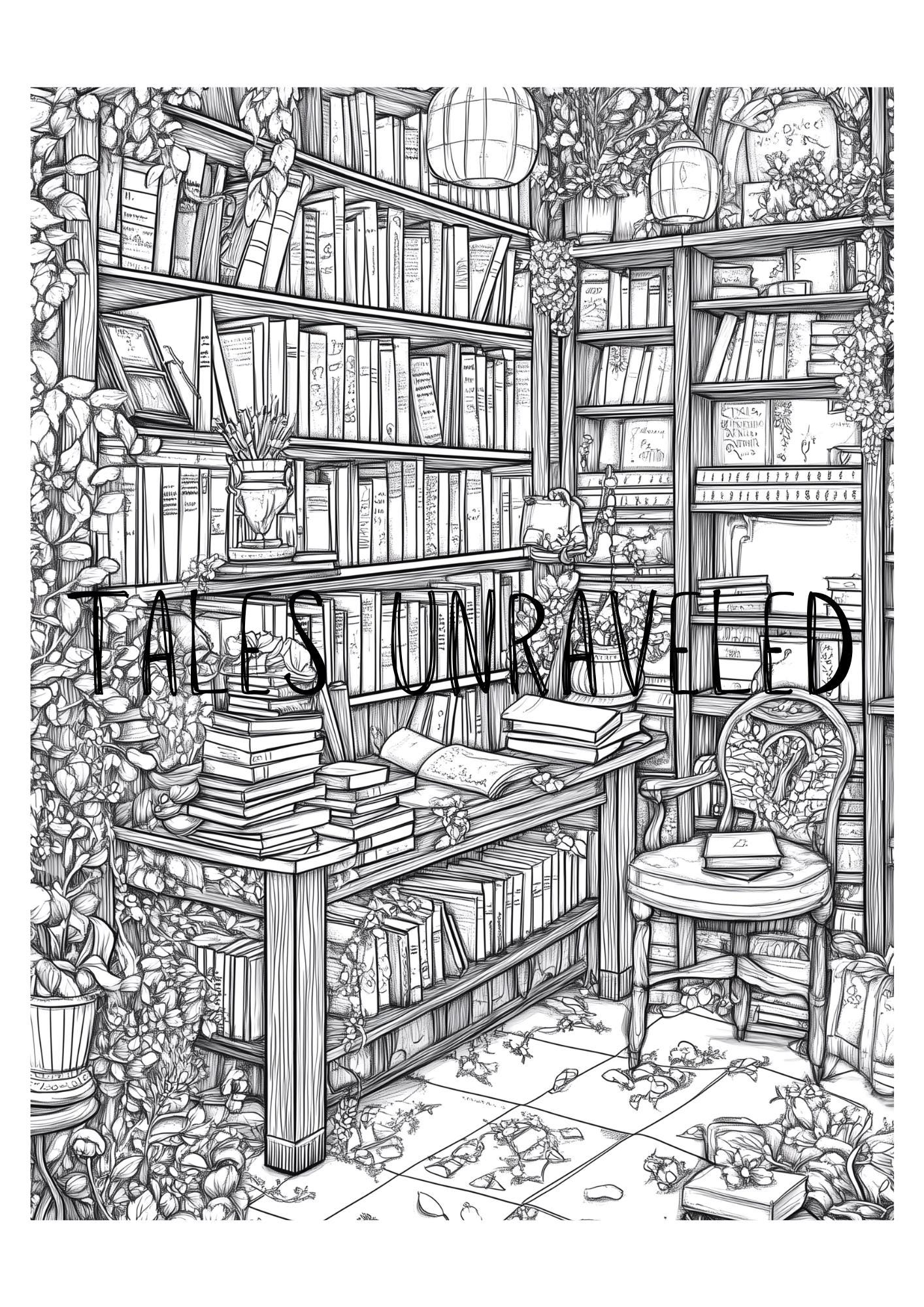25 Whimsical Bookshop Scenes Coloring Pages, Adult Coloring Pages ...