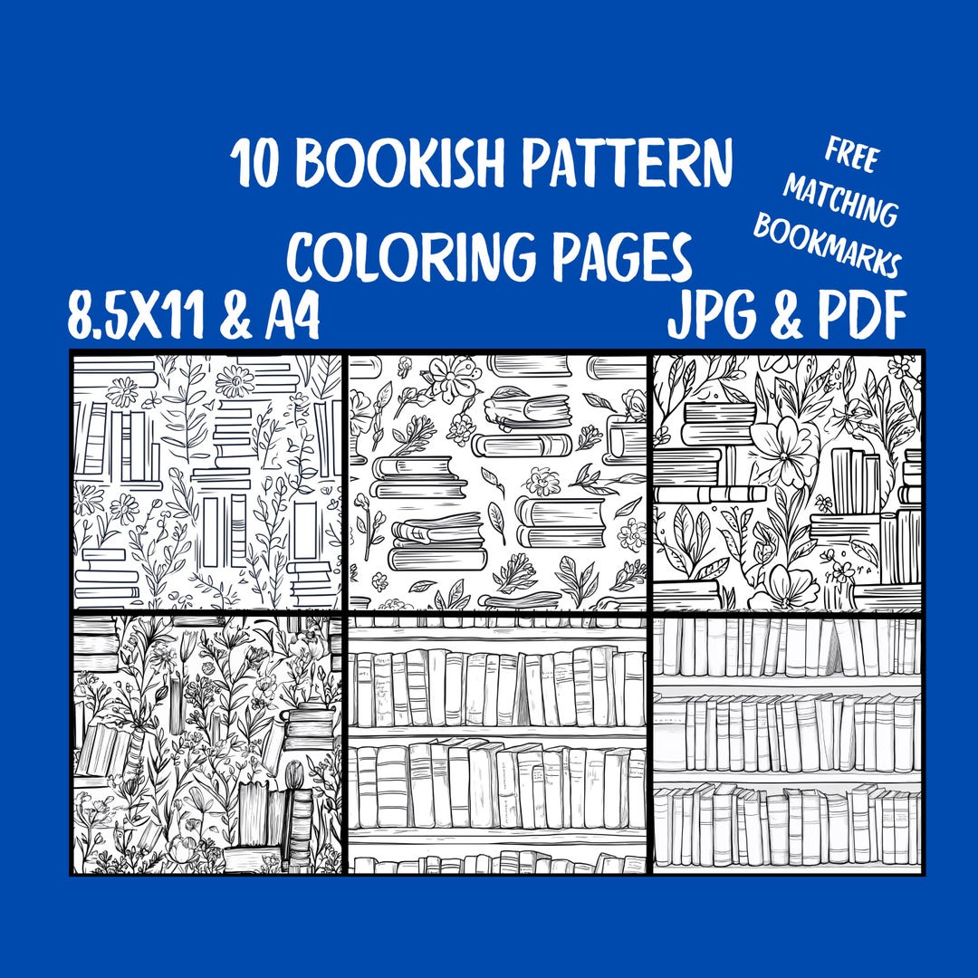 10 Bookish Pattern Coloring Pages, PDF, JPG, Digital Download, Adult ...