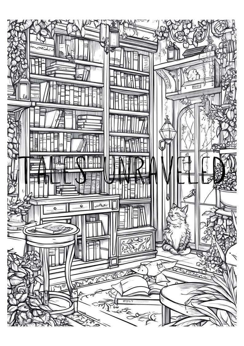 25 Whimsical Bookshop Scenes Coloring Pages, Adult Coloring Pages ...