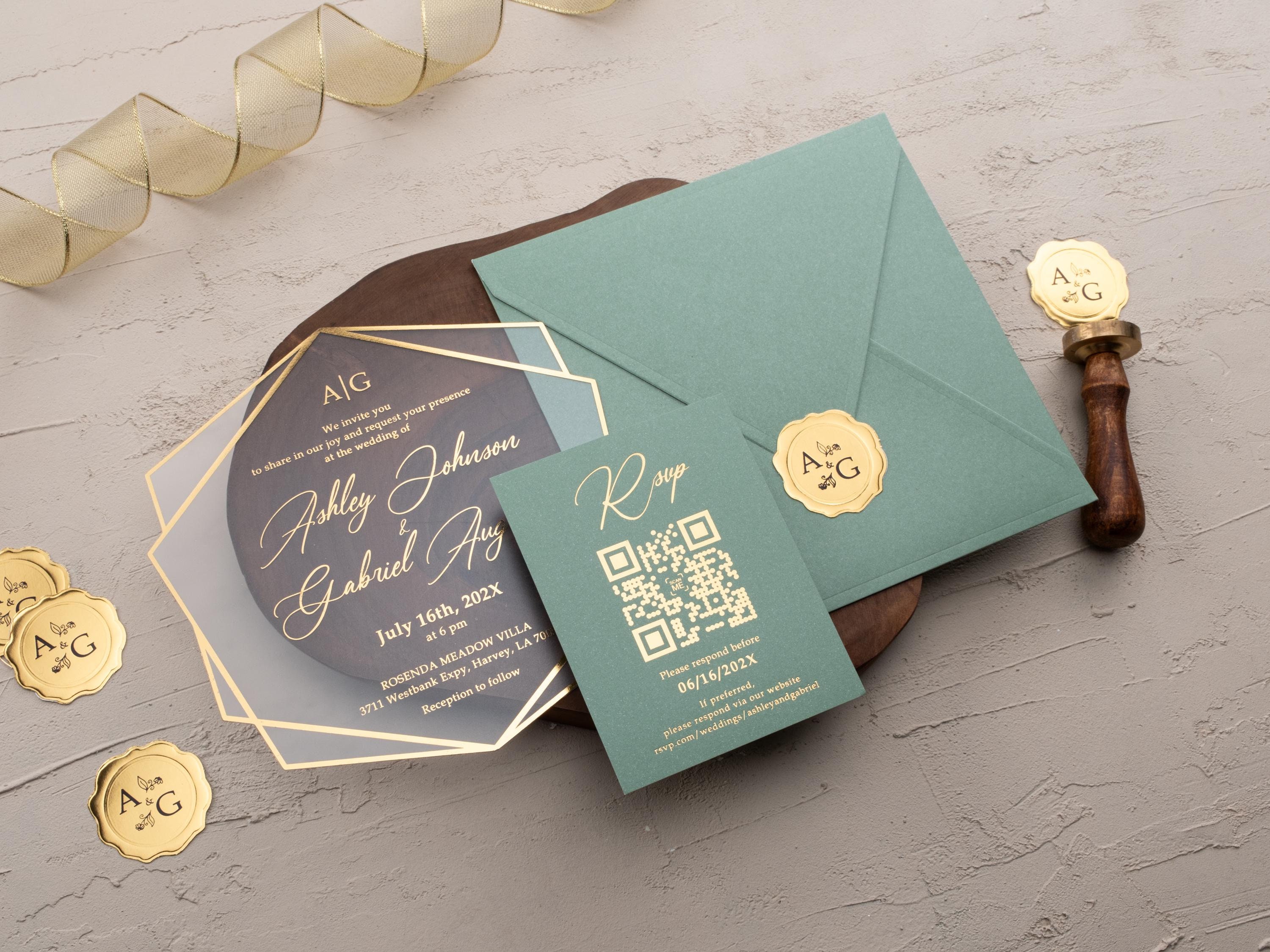 Sage Green and Gold Foil Invitations, Acrylic Wedding Invitations ...