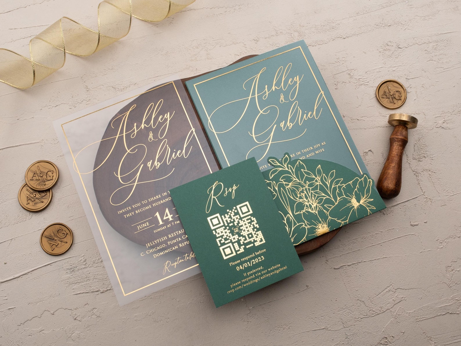 Emerald Green and Gold Foil Wedding Invitations | Acrylic Wedding ...