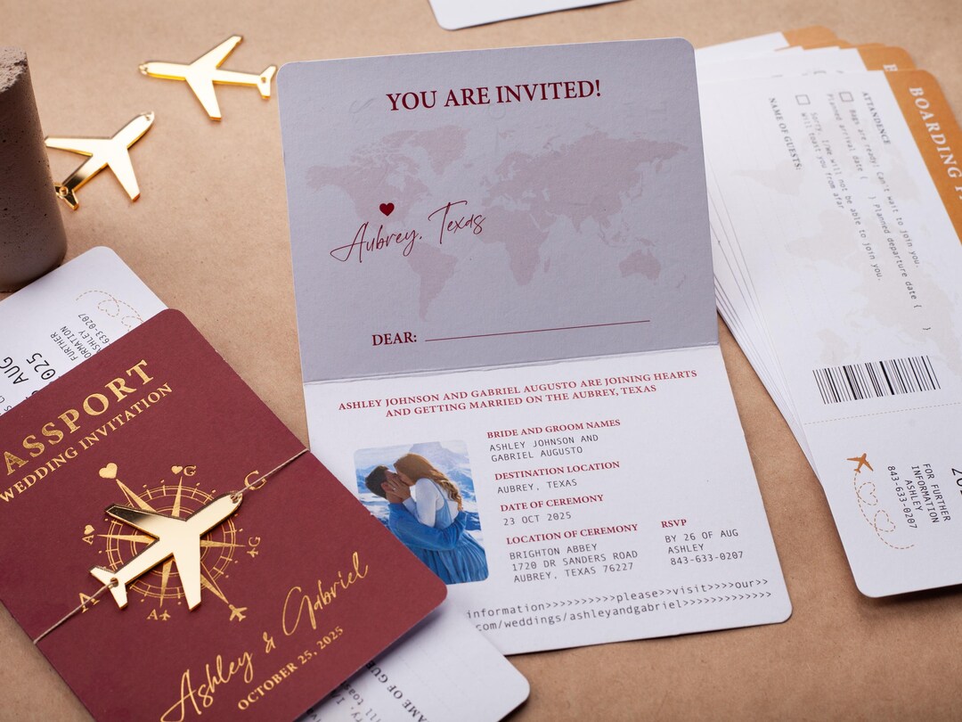 Passport Wedding Invitations With Photo – Burgundy and Gold Foil ...