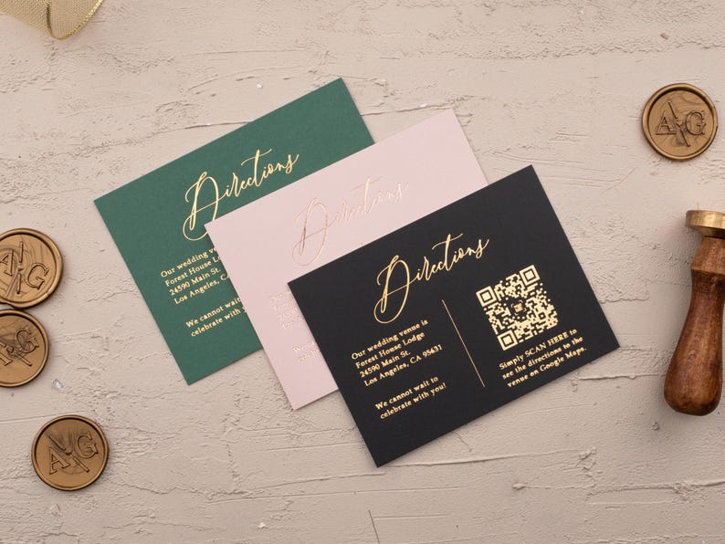 Wedding Directions Card With QR Code, Digital Map Wedding Invite, Personalized Gold Foil Wedding ...